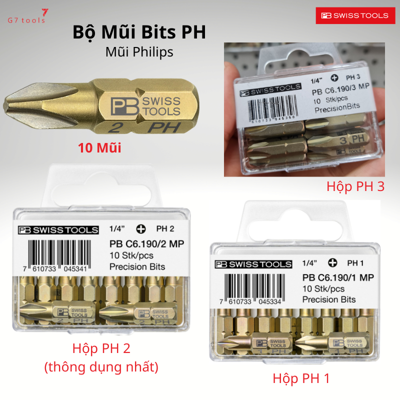 Bộ Mũi Bits/ Vít 10 Chiếc PB Swiss Tools Gồm PH1 PH2 PH3 C6.190/1 MP/ C6.190/2 MP/ C6.190/3 MP ...