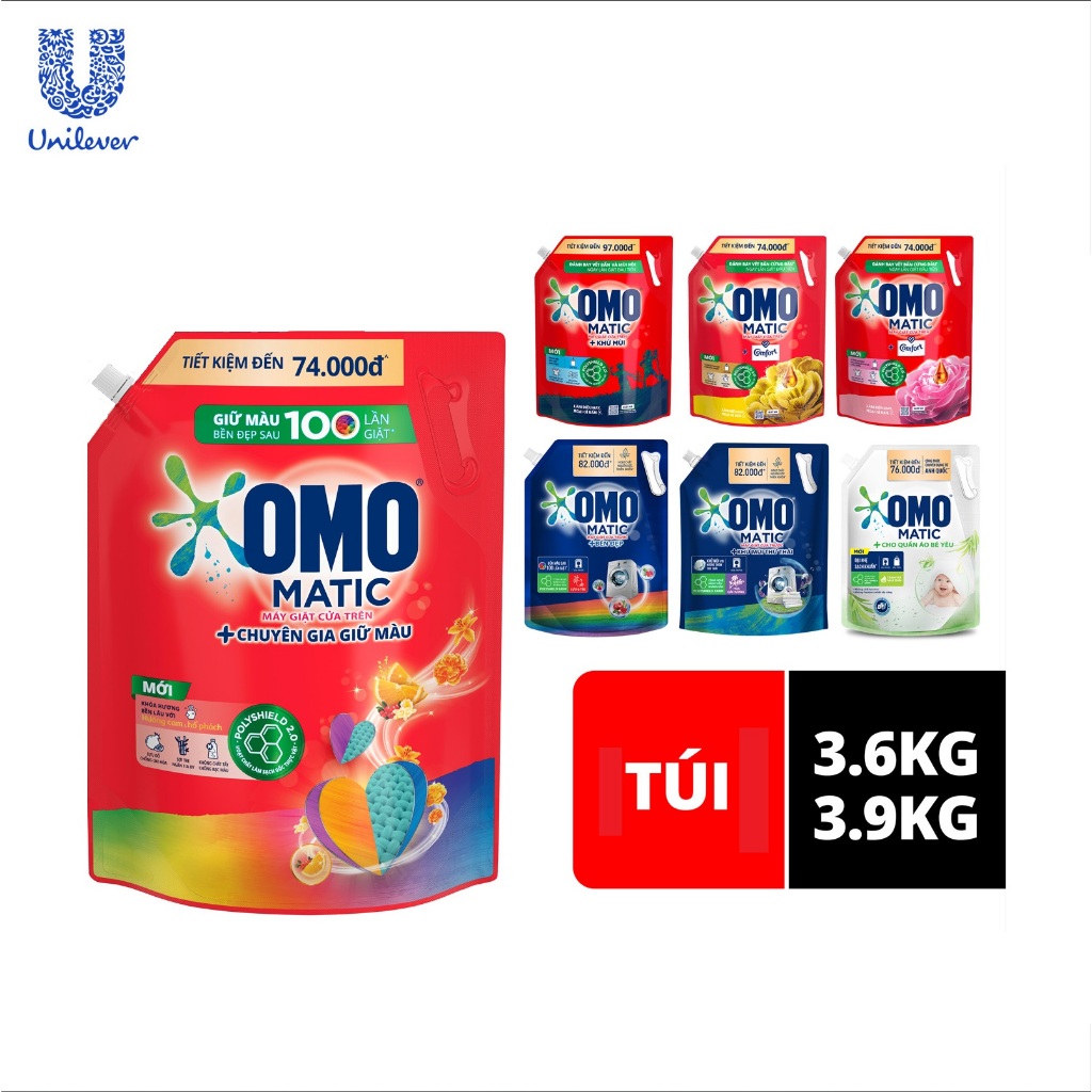 Nước giặt OMO Matic cửa Trên/Cửa Trước túi 3.6kg/3.9kg - Tinh Dầu Thơm, Bền Màu, Hoa Hồng ...