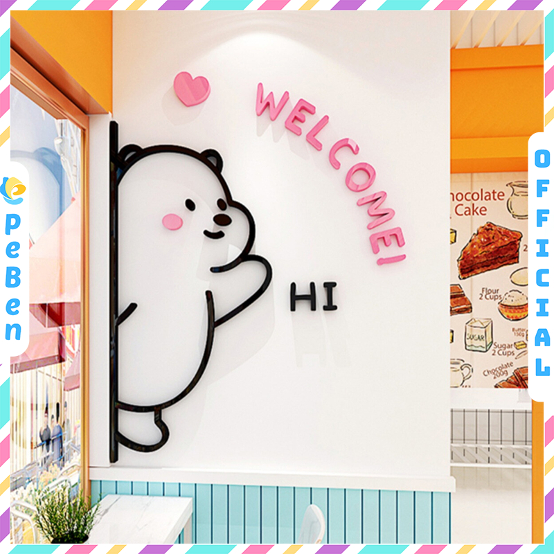Tranh mica EPeBen dán tường nổi 3d hình Gấu Thỏ Mèo thò Welcome Hi ...
