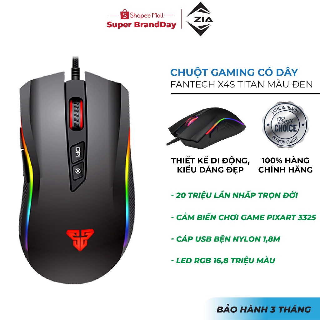 Chuột Gaming Đen Có Dây Đèn LED RGB Fantech TITAN X4S Đa Sắc Màu Thiết ...
