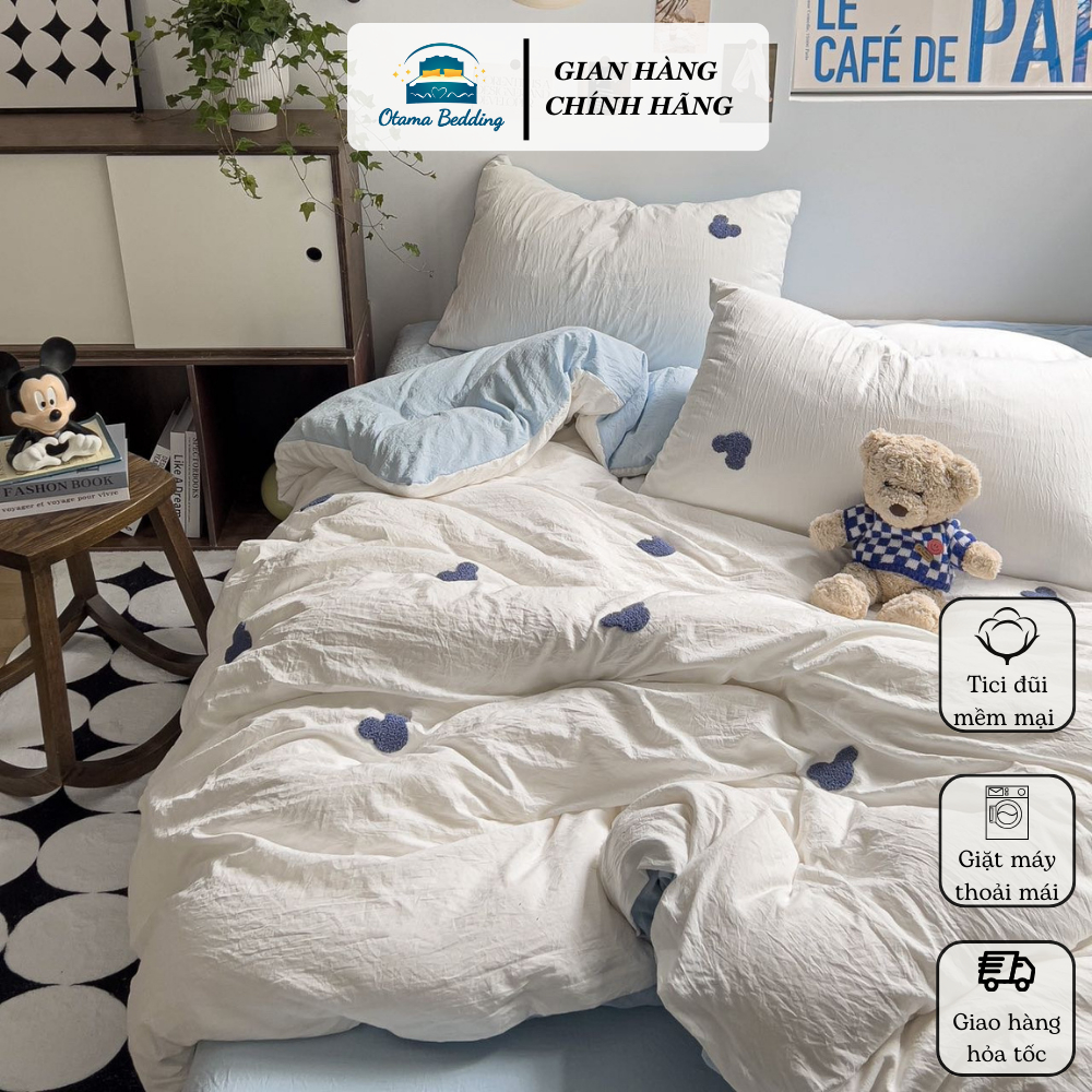 Set chăn ga gối cotton đũi mềm mại thoáng mát họa tiết mickey thêu nổi ...