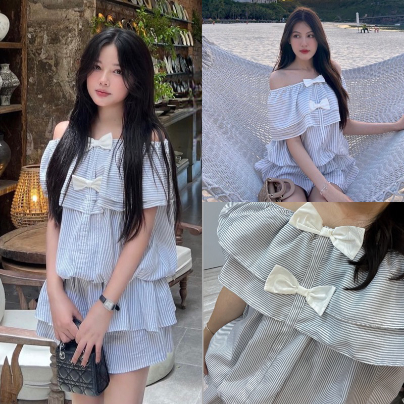 [Luna Set] Set áo trễ vai kèm quần đùi đính nơ ngực basic set đồ đi chơi bazizcloset - ảnh thật ...