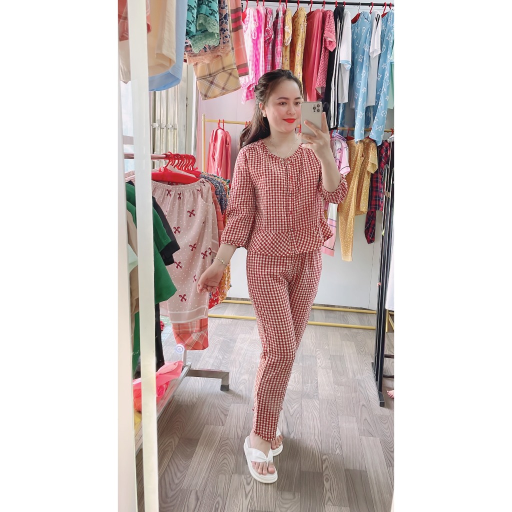 Bộ đồ mặc nhà nữ Karoll chất thô kate quần dài tay lửng họa tiết kẻ ...