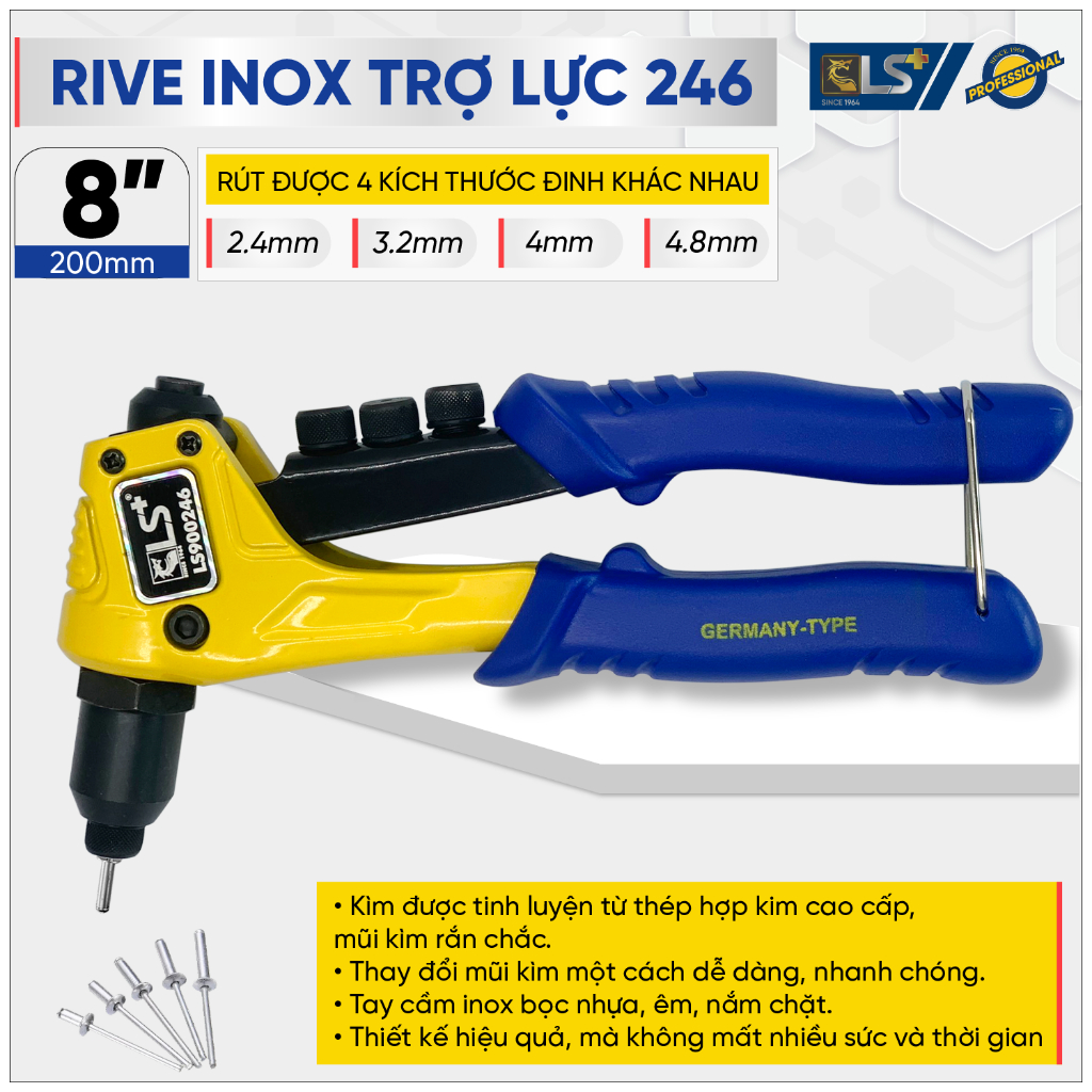 Kìm Rive Inox Trợ Lực - 246 LS+, kìm bấm rút rive inox, kìm rút rive ...
