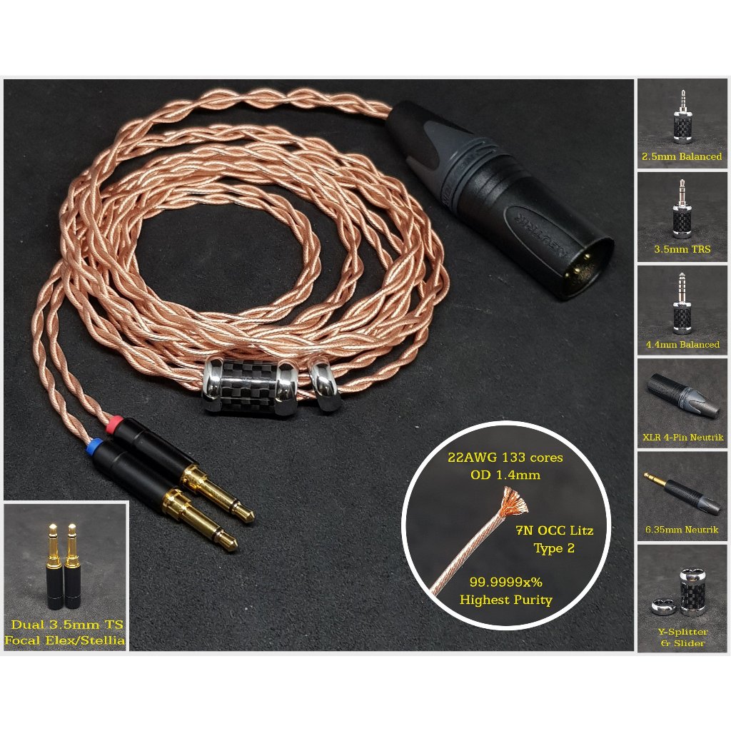 Dây tai nghe đồng 7NOCC Litz 22AWG tết 4 1.4mm - Dual 3.5mm TS - Focal Elex/Stellia/Celestee ...