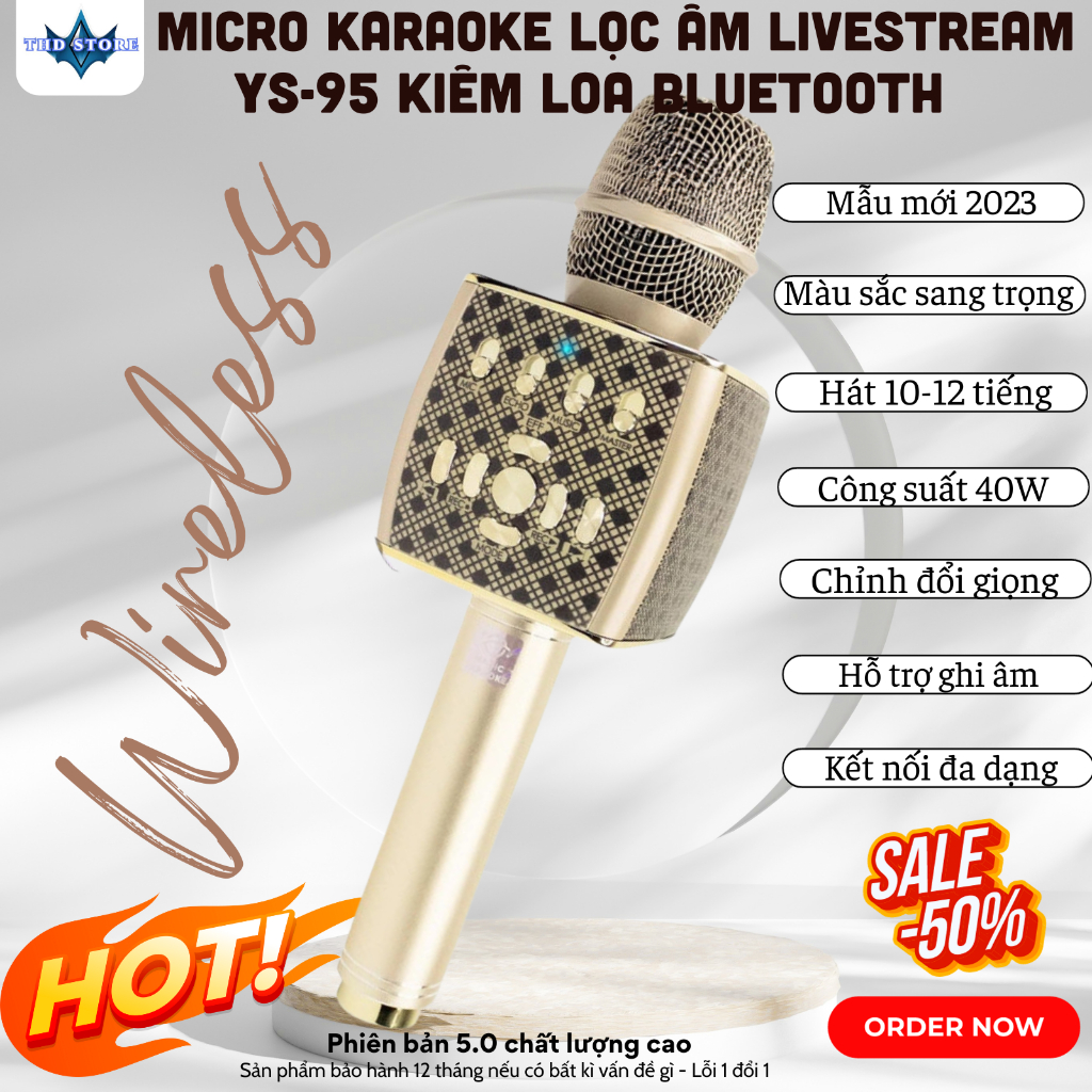 Micro karaoke YS 95 bluetooth cao cấp tích hợp loa bass không dây hỗ trợ thẻ nhớ USB ghi âm ...