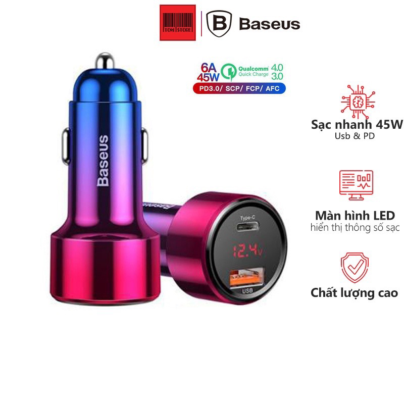 Tẩu sạc 45W Baseus - Hỗ trợ sạc nhanh - Đồng hồ hiển thị - Thông minh ...