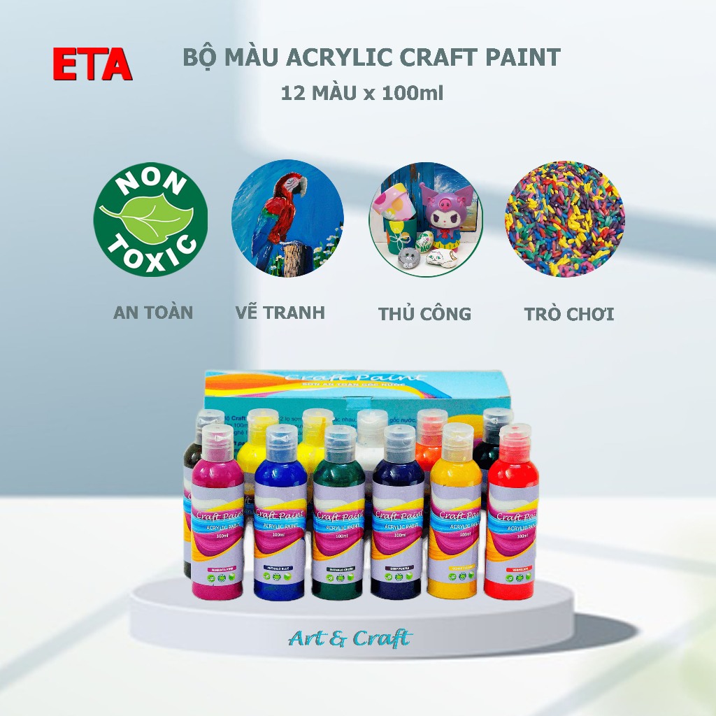 Bộ màu vẽ Acrylic Craft Paint 12 màu acrylic 100ml (Tặng kèm bộ 10 cọ ...