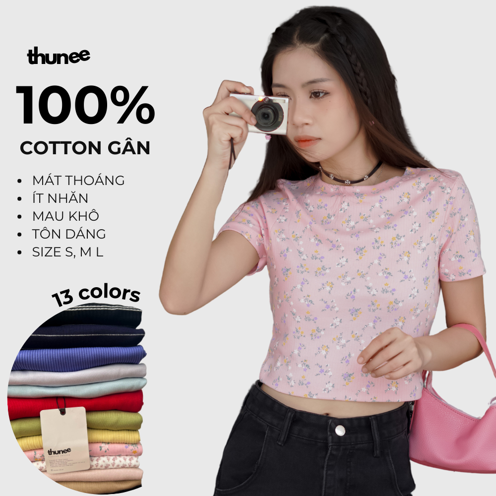 THUNEE Áo thun croptop tay ngắn nữ dáng ôm vừa 100% Cotton Gân | Shopee ...