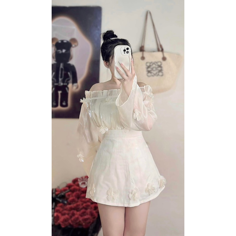 Hion Store - Set voan trễ vai kết hoa+ cv nude | Shopee Việt Nam