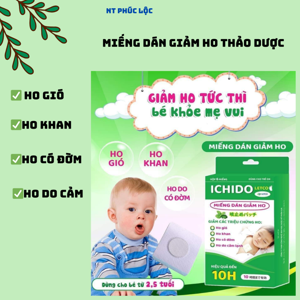 ICHIDO, miếng dán giảm ho cho bé, dán giảm ho thảo dược an toàn ( hộp 6 ...