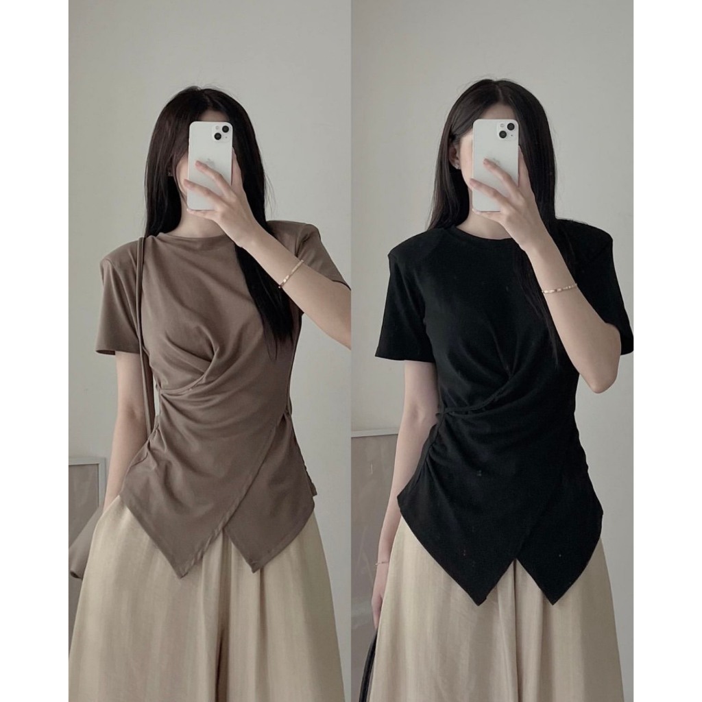 Áo Thun Cổ Tròn Lệch Vai Xoắn Eo Tôn Dáng Nhiều Màu Ulzzang | Shopee Việt Nam
