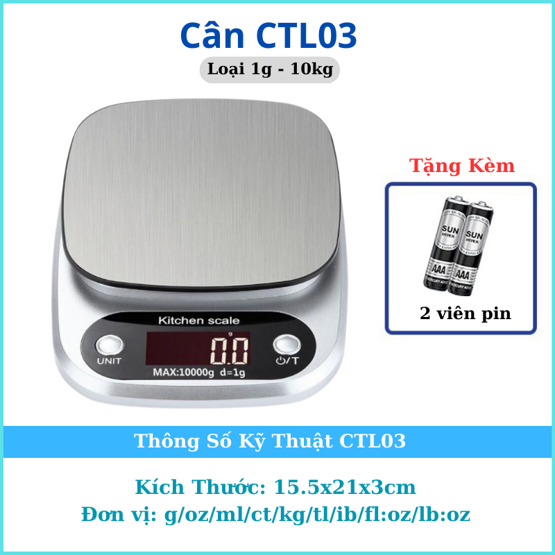 Cân tiểu ly - Cân điện tử mini định lượng 3kg - 5kg - 10kg , tặng kèm 2 viên pin AAA _CTL-03 ...