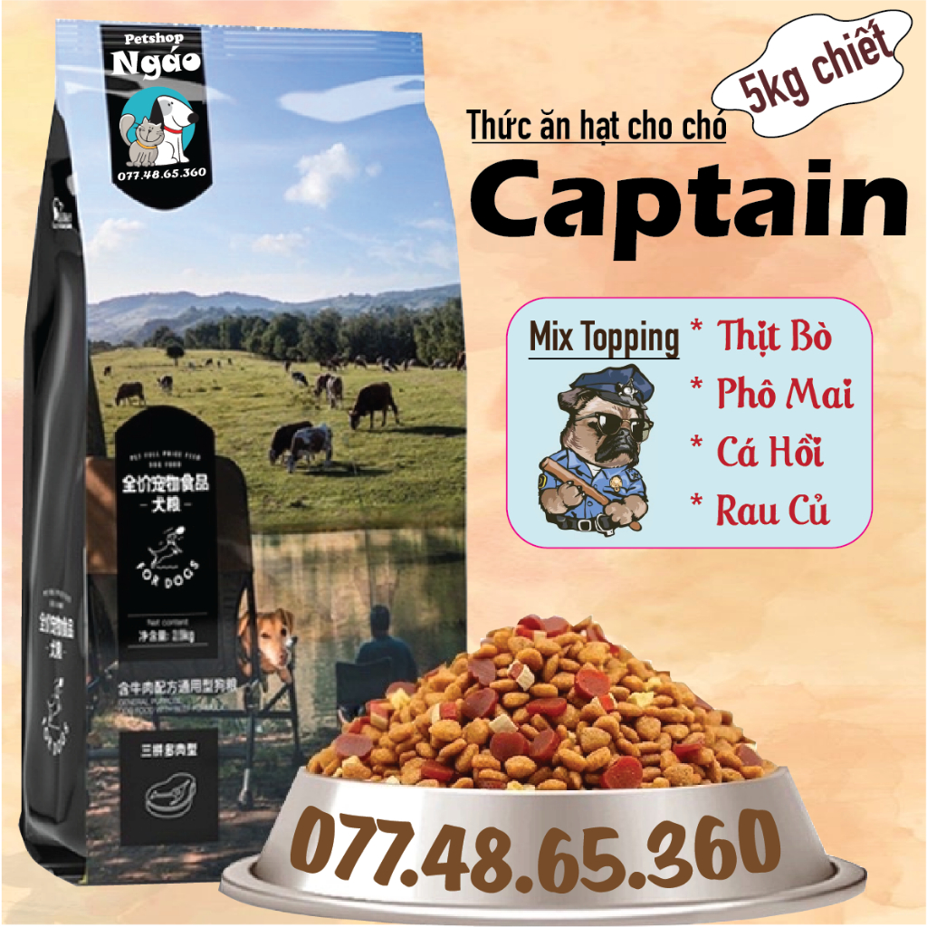 [5kg chiết] Thức ăn hạt cho chó Captain mix Topping thịt bò, phô mai ...