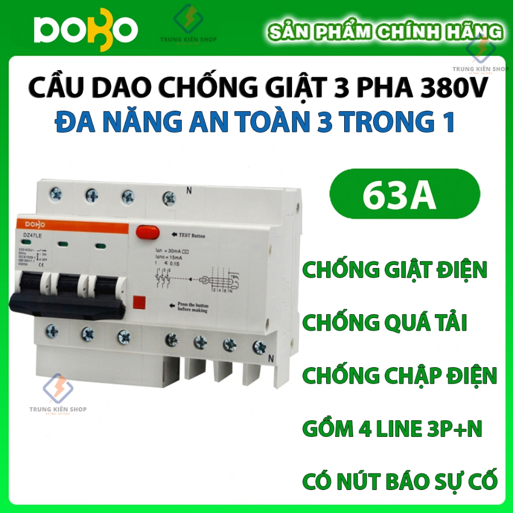[RCBO 3P 63A] Cầu Dao Chống Giật RCBO 3 Pha 380V 63A RCBO DOBO KOREA siêu nhạy - 4.5kA 30mA ...