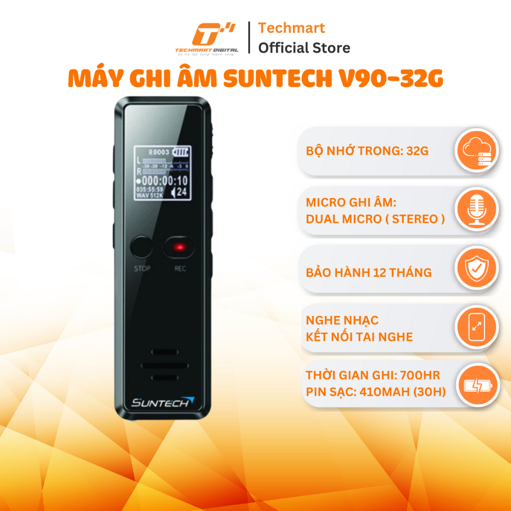 Máy ghi âm Suntech V90-32G, bộ nhớ trong 32G, mic ghi âm: dual micro ...