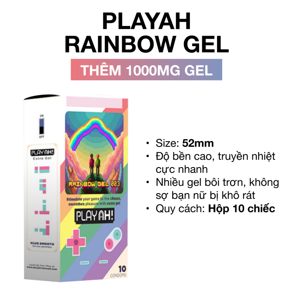 Bao Cao Su PlayAh Rainbow Gel 003 size 52mm siêu mỏng, nhiều gel bôi trơn, hộp 3 bao, hộp 10 bao ...