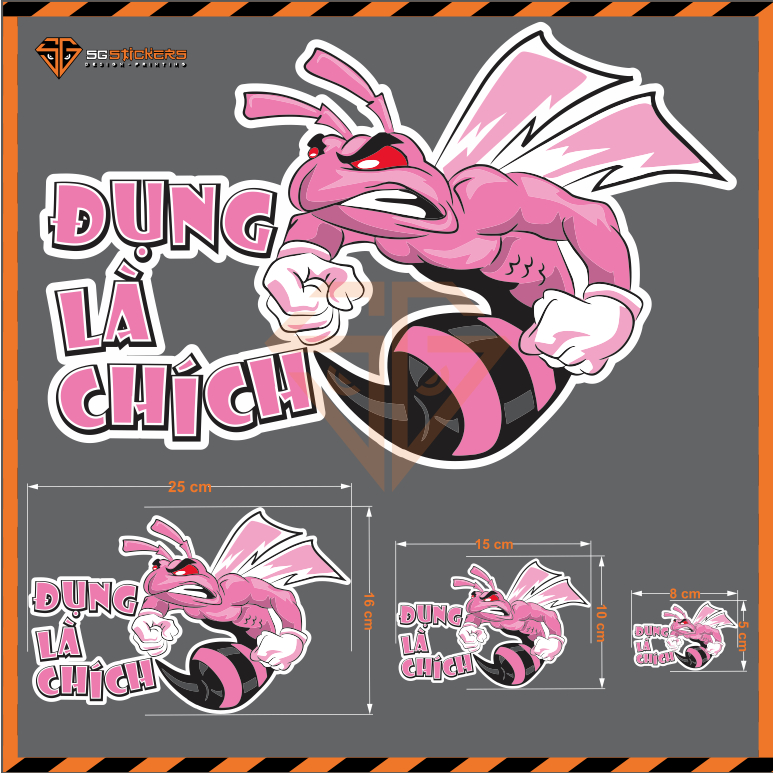 Tem " Đụng là chích" con ong hồng dán xe máy, xe tải, laptop, điện ...