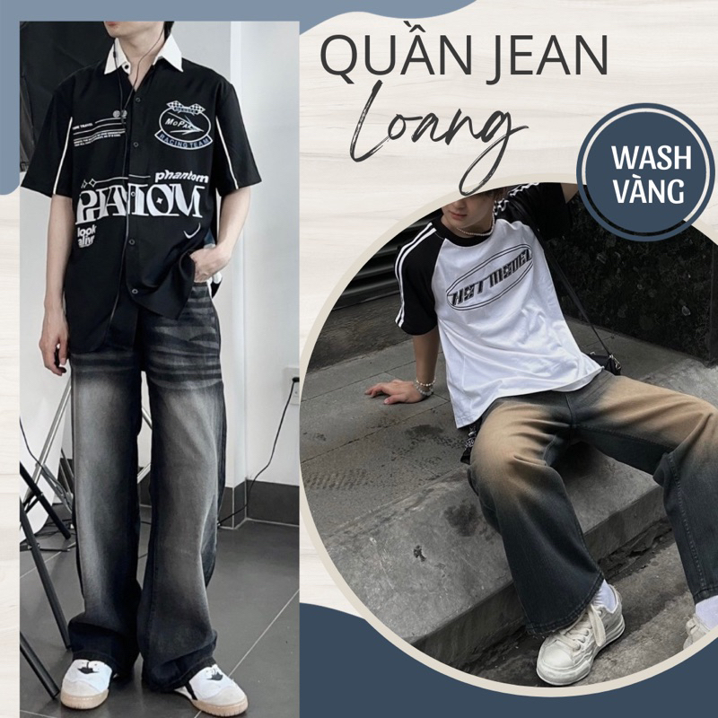 Quần Jean LOANG wash XÁM/XANH/VÀNG Cạp cao Ống Rộng tôn dáng form ...