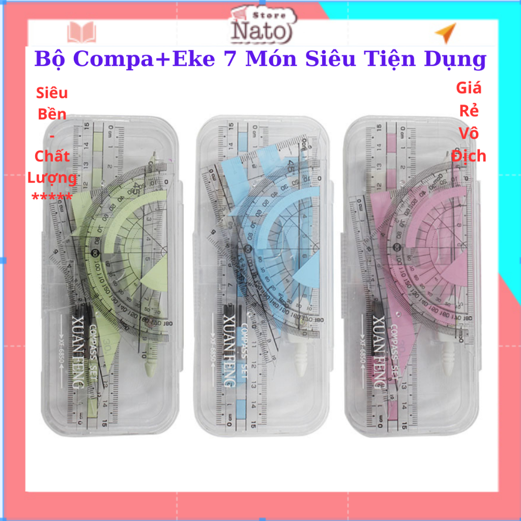 Bộ Compa+Eke 7 Món Siêu Tiện Lợi Cho Bé Trong Học Tập(4 thước+tẩy+ngòi ...