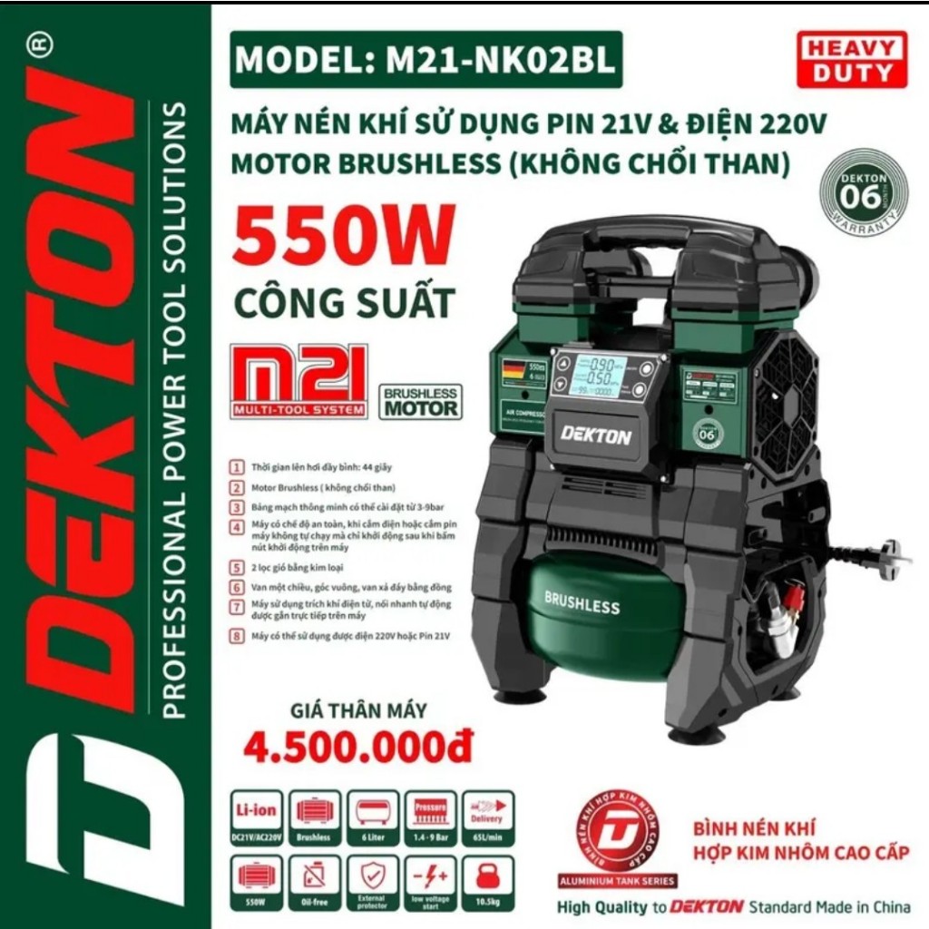 Máy Nén Khí Mini Dùng Pin DEKTON M21-NK02BL 550W - Motor Brushless ...
