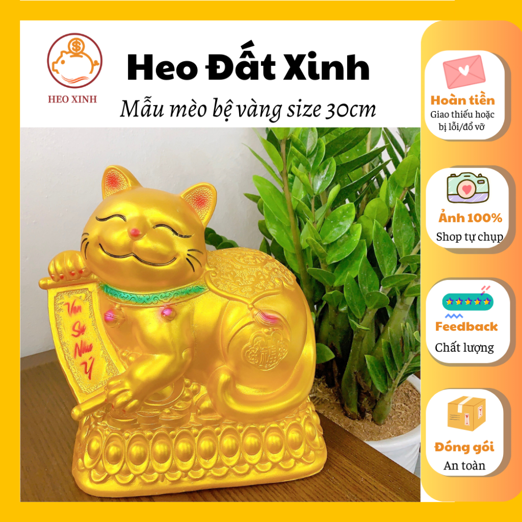 Heo đất/ Lợn đất HEOO XINH mẫu mèo bệ vàng tiết kiệm size 30cm, đựng ...