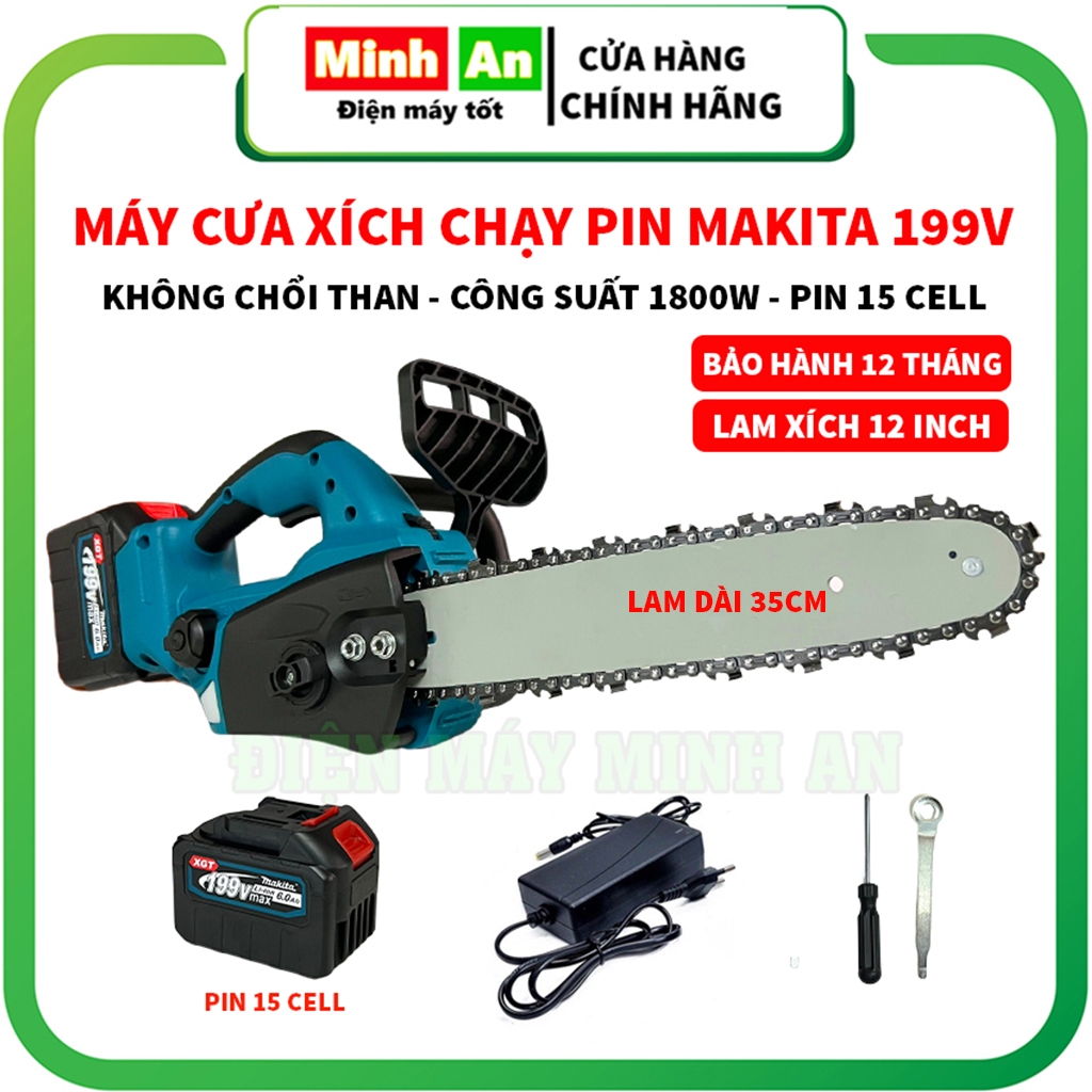 Máy cưa xích pin cầm tay KHÔNG CHỔI THAN MAKITA 199V pin 15 cell cưa gỗ ...