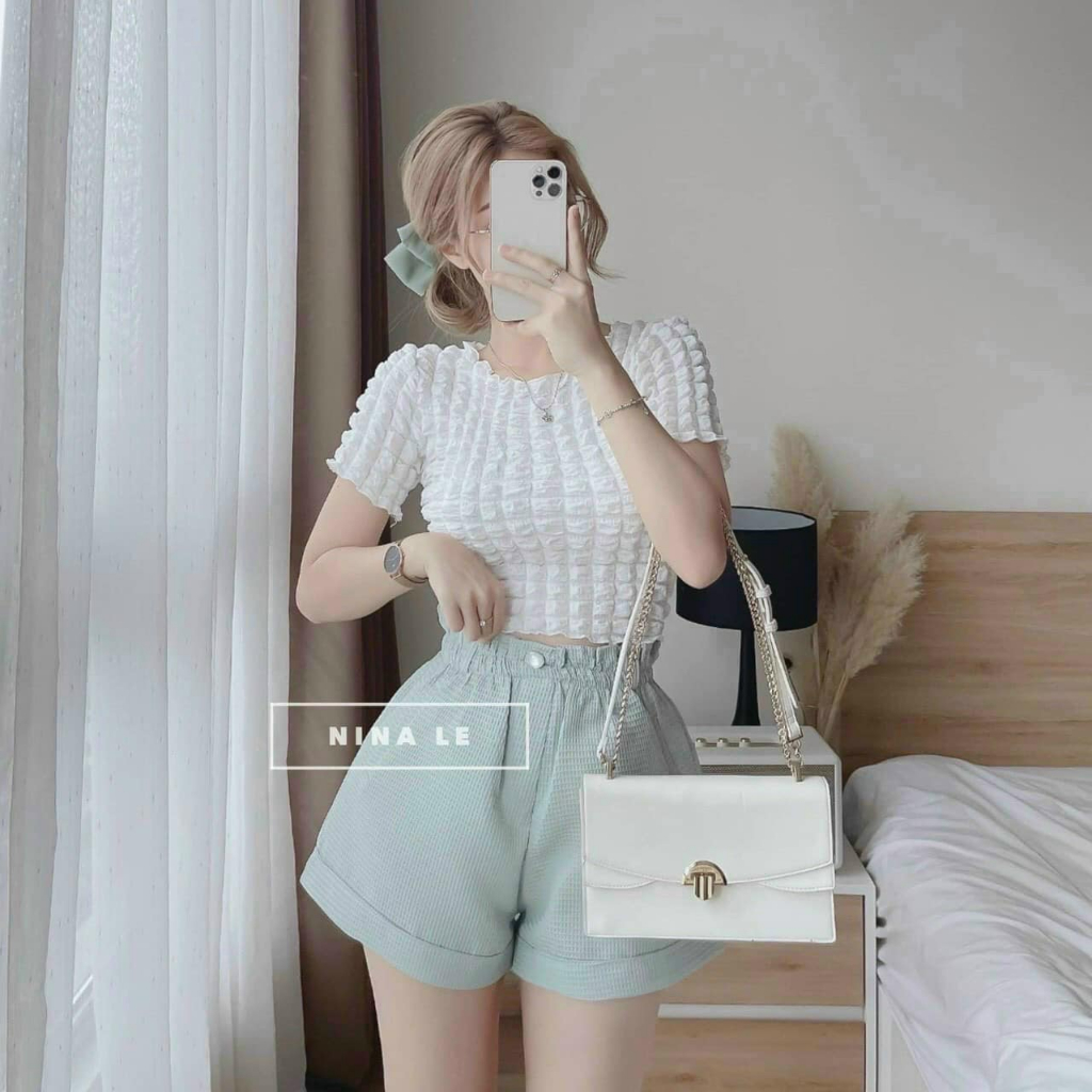 Quần sooc nữ chất tổ ong chun rúm eo 1 khuy xinh xắn | Shopee Việt Nam