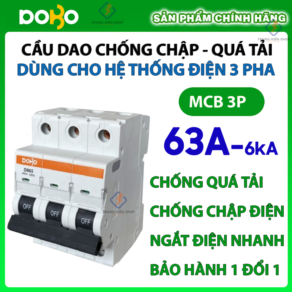 Cầu Dao Tự Động 3 Pha 380V MCB 3 Pha 63A DOBO KOREA siêu nhạy - 6kA (Aptomat chống chập - quá ...