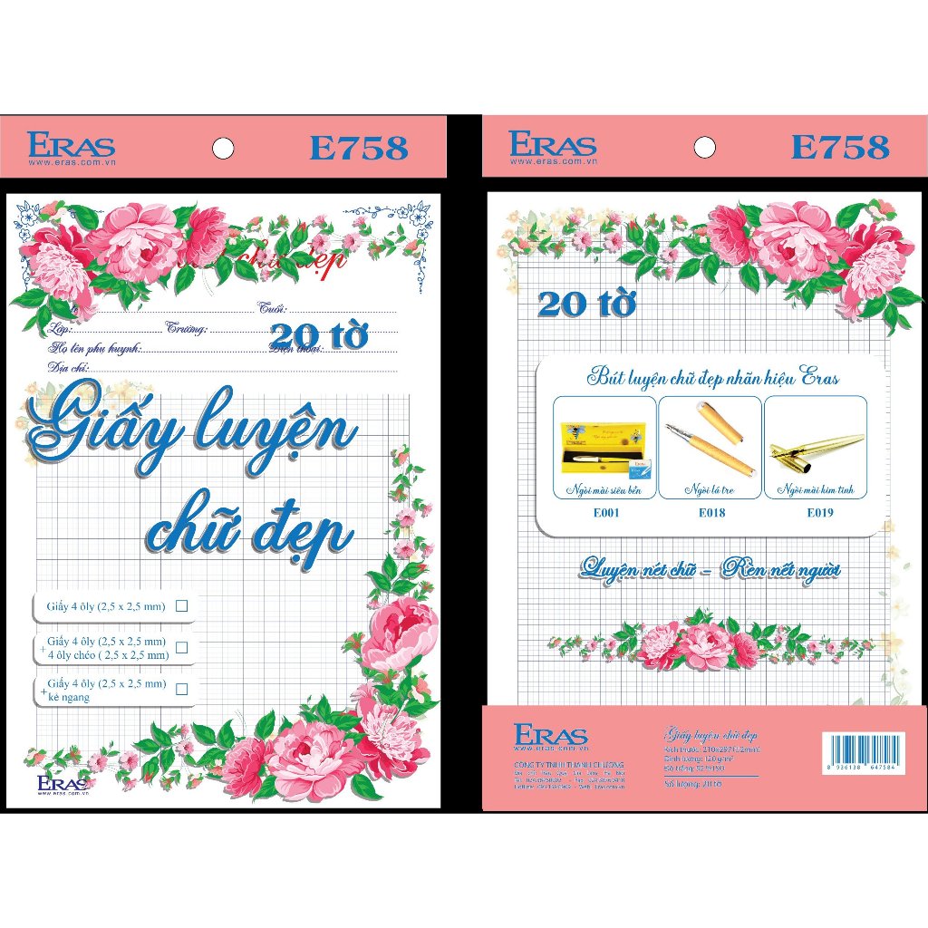 [Eras VN] GIẤY LUYỆN VIẾT CHỮ ĐẸP A4 CÓ TIÊU ĐỀ E758 (2.5x2.5mm) SL 20 ...