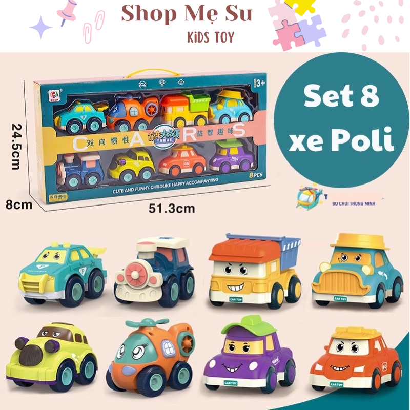 Hộp 8 xe poli chạy đà, xe ô tô cho bé.cảnh sát, tàu hỏa,máy bay nhiều ...