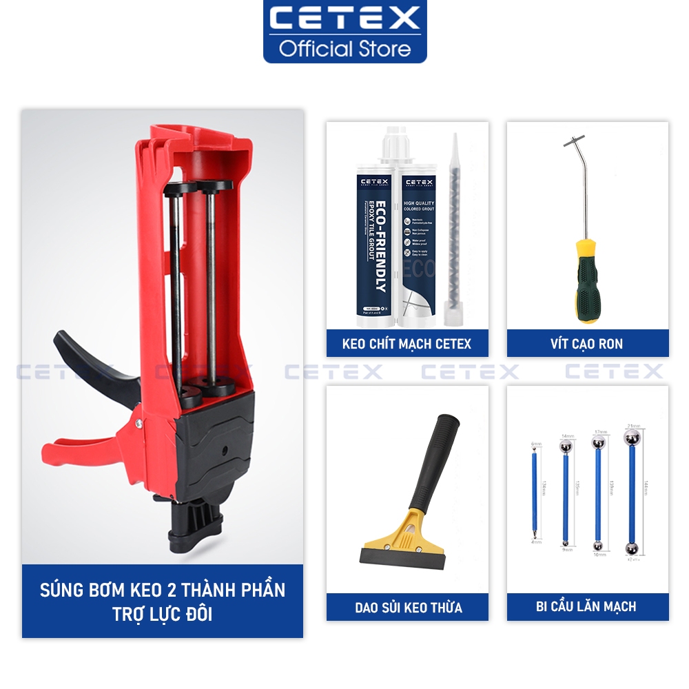 Combo keo chít mạch gạch, keo chà ron 2 thành phần Cetex và bộ dụng cụ ...