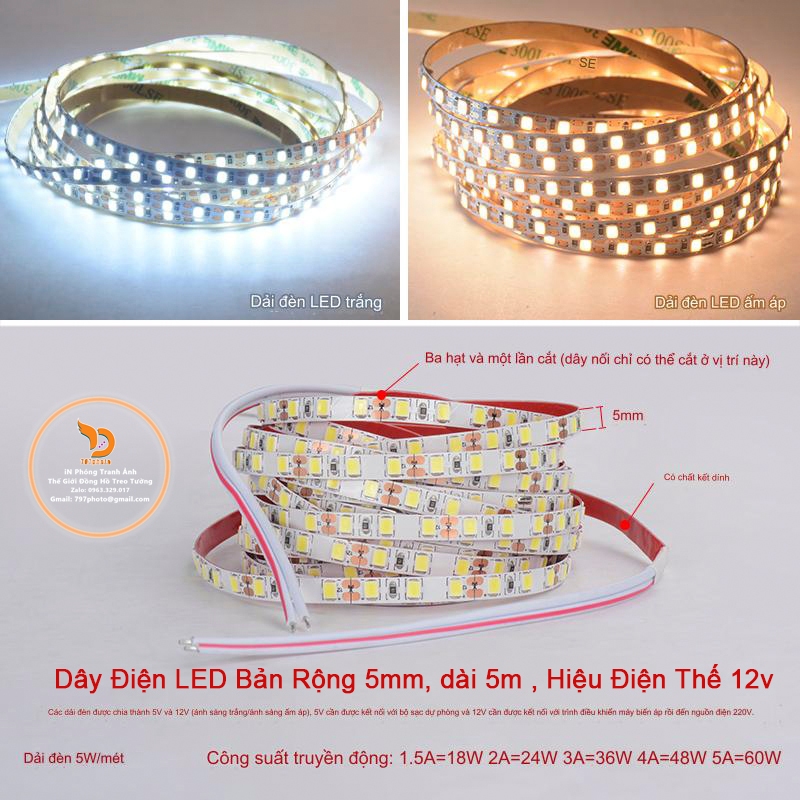 LED DÂY DÁN 2835 Bản 5mm ( 5 Ly ) 120 LED/1M Điện 12V- Cuộn 5m Đèn LED ...