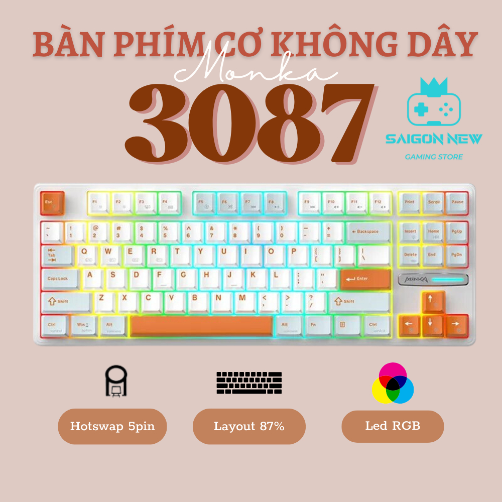 Bàn phím cơ không dây Monka 3087 pro - Hỗ trợ hotswap - Màu sắc trẻ ...