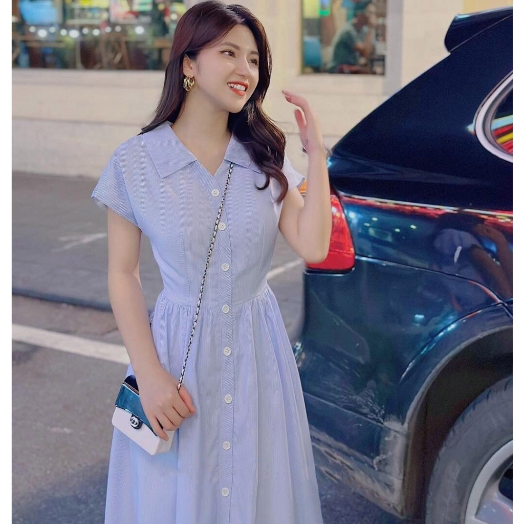 Váy đầm thiết kế, váy kẻ xanh ghi tay hến, nẹp cúc_V88 | Shopee Việt Nam