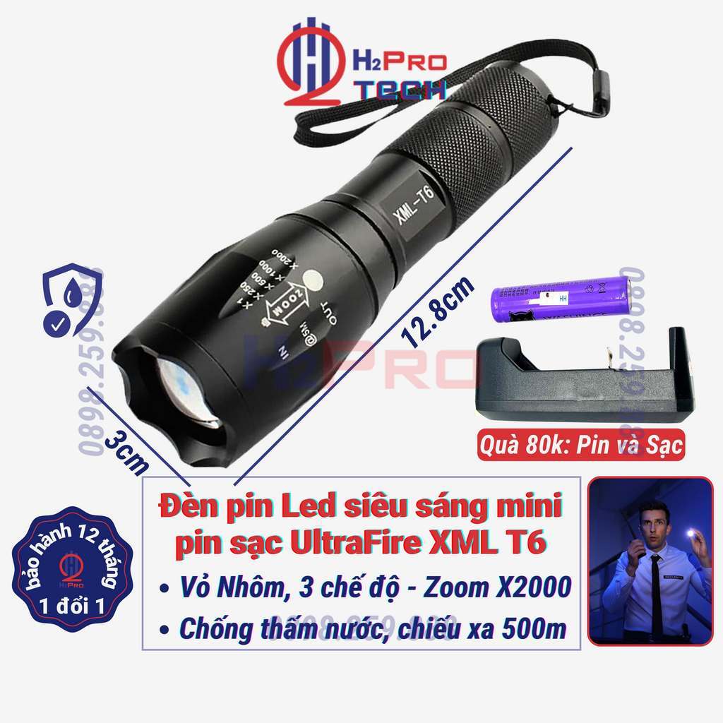 Đèn Pin Mini Siêu Sáng Ultrafire Xml-T6 Zoom X2000 Led Trắng, Đèn Xml T6 Cầm Tay Pin Sạc, Chống ...