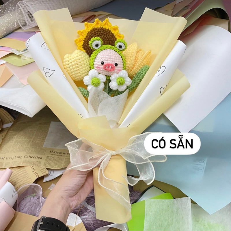 BÓ HOA LEN ẾCH TONE XANH LÁ DỄ THƯƠNG (Ảnh Thật) - Hoa len handmade ...