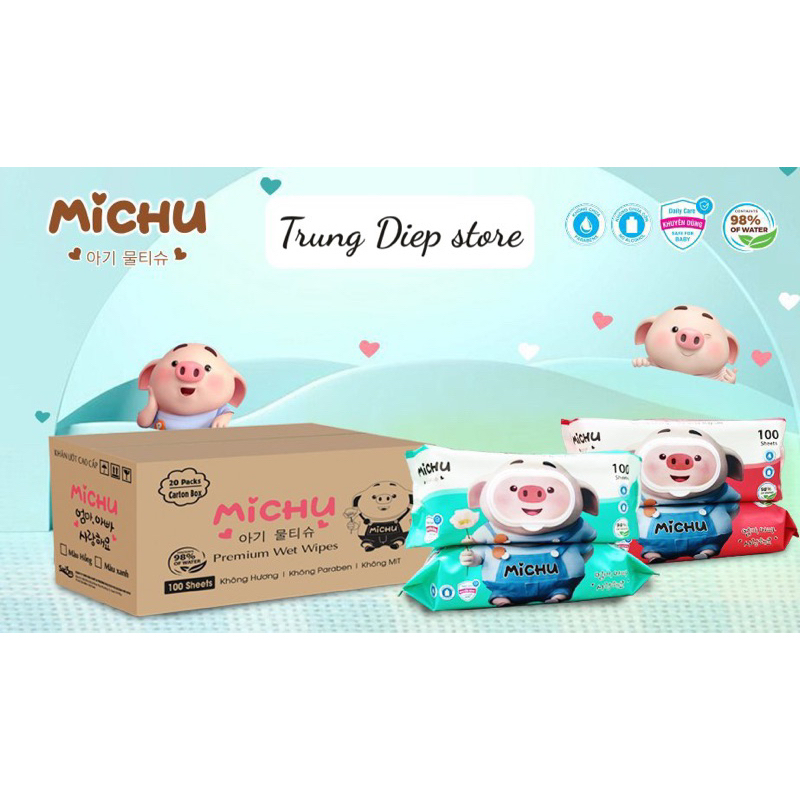 [100 tờ/gói] Khăn ướt cao cấp Baby Michu nặng 950g | Shopee Việt Nam