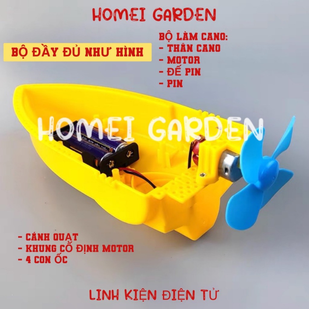 Bộ làm cano mini chạy bằng sức gió gồm thân cano, motor, đế pin, cánh ...