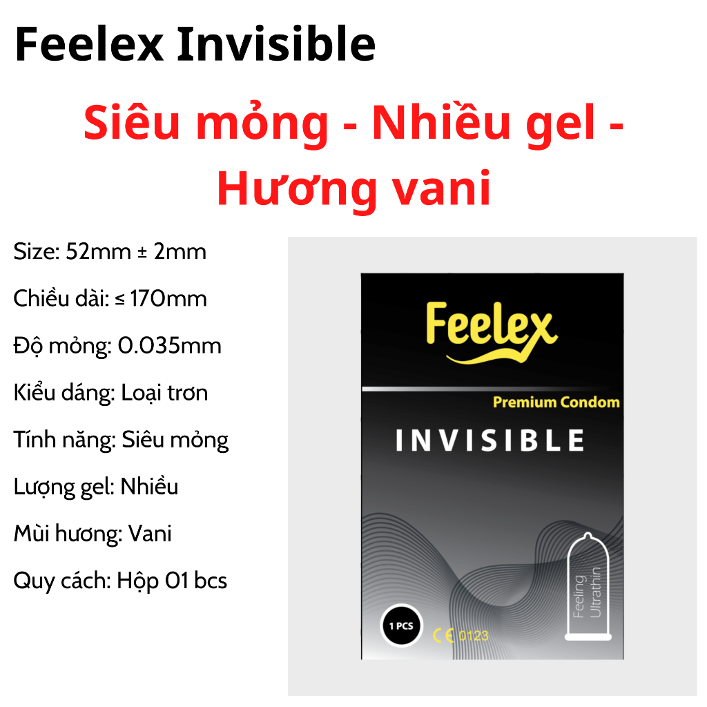 Bao cao su Feelex Invisible siêu mỏng, nhiều gel bôi trơn - Hộp 01 ...