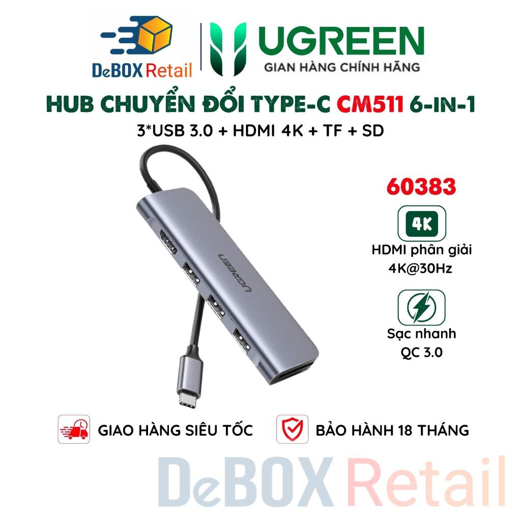 Bộ chuyển đổi đa năng HUB UGREEN CM511-60383 USB Type C sang HDMI 4K, 3*USB 3.0, đọc thẻ SD/TF ...