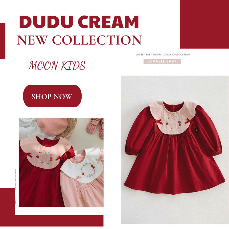 Váy bé gái Dudu cream váy dài tay thu đông đỏ xuất Hàn thêu nổi DJXK ...