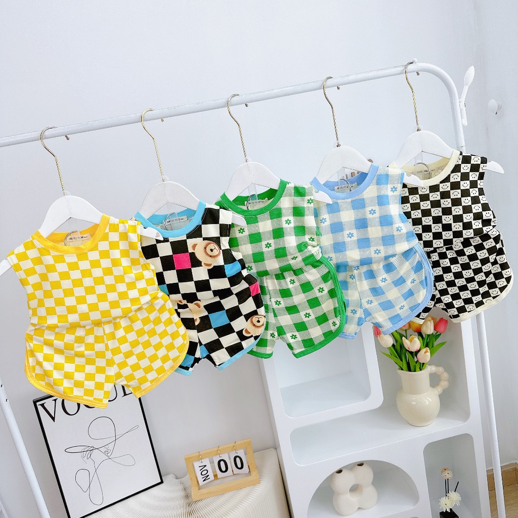 BỘ sát nách, bộ ba lỗ thun lạnh minky mon (LBL07)in sọc caro cho bé ...