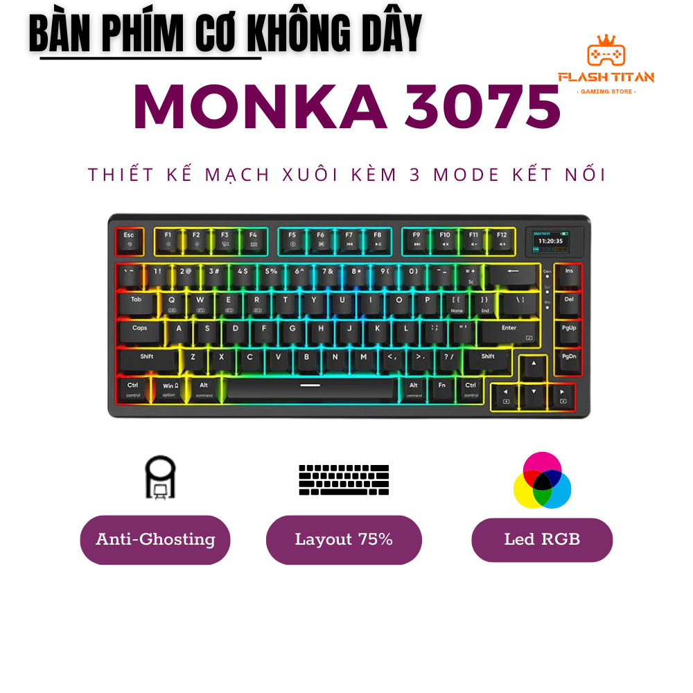 Bàn Phím Không Dây Monka 3075 pro ver 2- 3 mode kết nối - Mạch xuôi ...