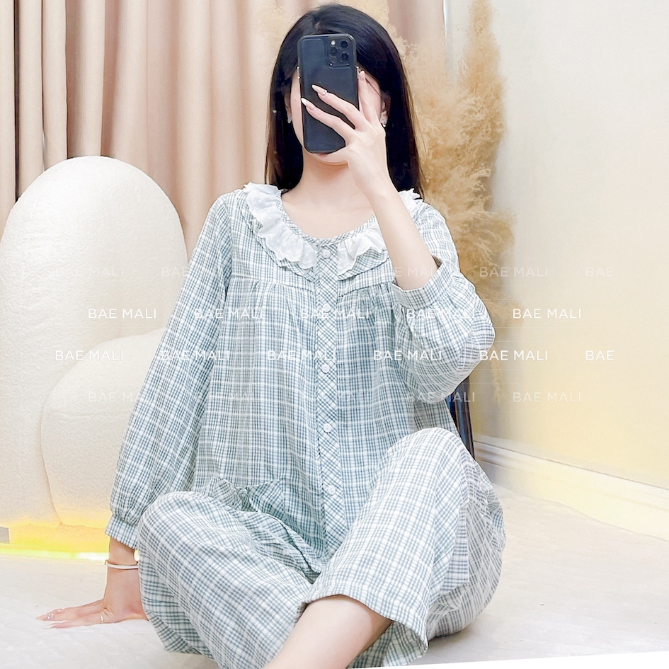 BAE MALI - Bộ mặc nhà nữ dáng dài, tay lỡ, cổ ren SP353 | Shopee Việt Nam