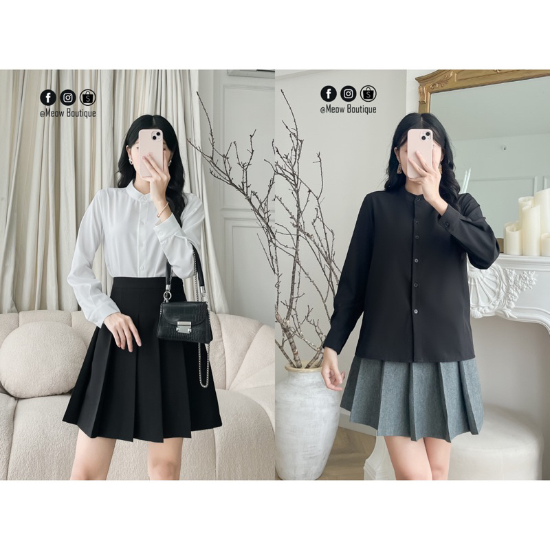 Sơ mi cổ trụ tay dài basic công sở Meow Boutique | Shopee Việt Nam