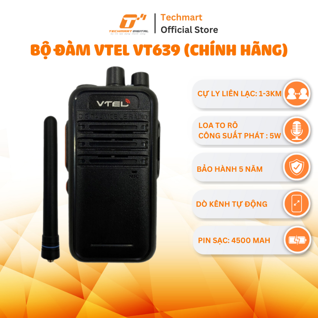 Bộ đàm VTEL VT639 chính hãng, cự ly liên lạc 1-3km, tự động dò kênh ...