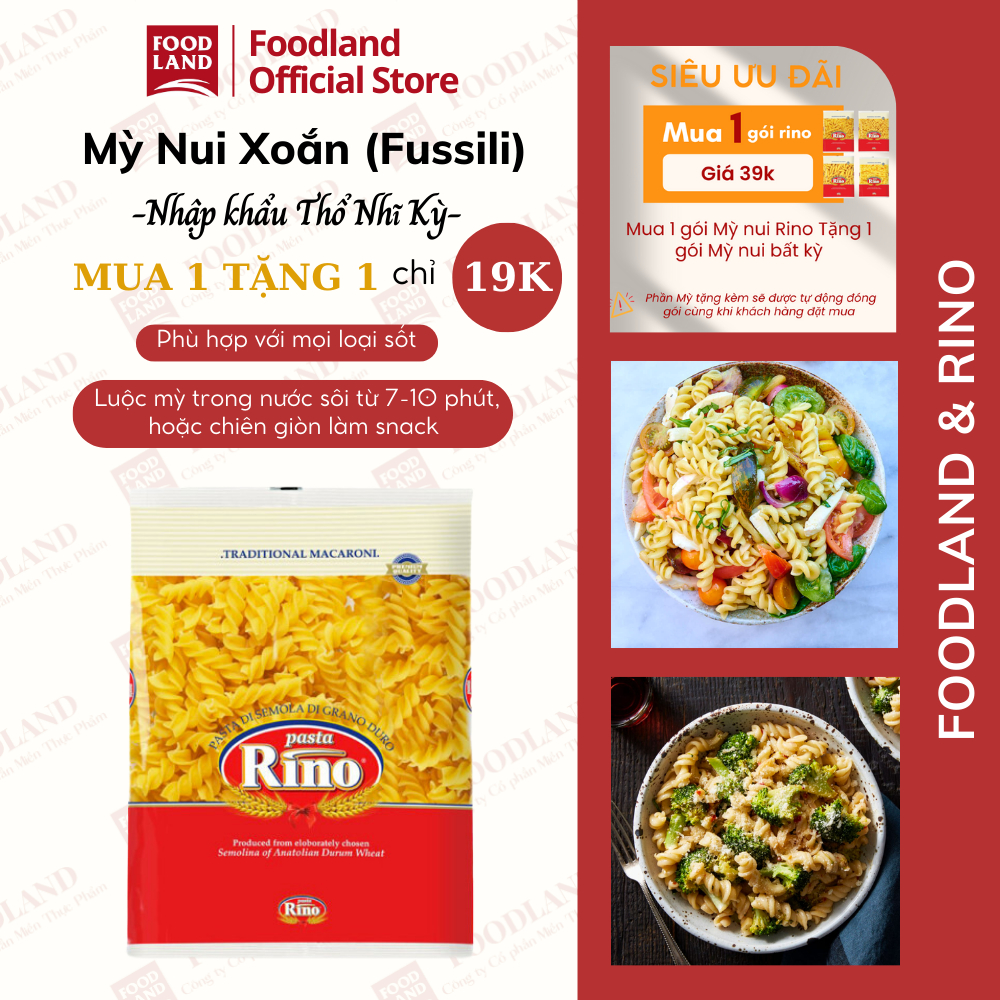 Mỳ nui xoắn, pasta fusilli hiệu Rino 500g - nui chiên, xào, nhập khẩu ...