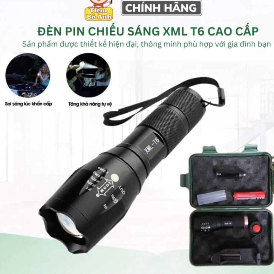 Đèn pin mini siêu sáng, đèn led XML T6 full box hộp kèm pin và sạc vỏ kim loại chắc chắn, chống ...
