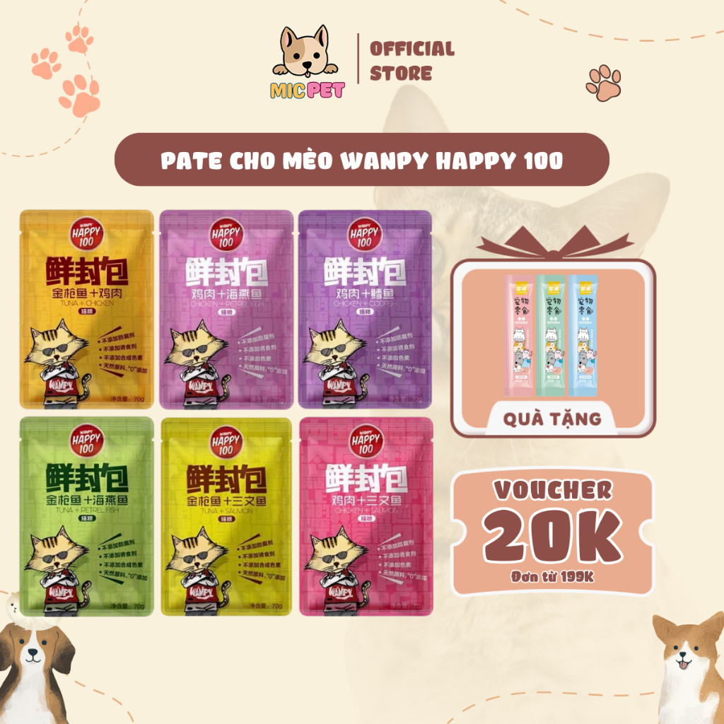Pate Wanpy Happy 100 dinh dưỡng cho mèo lớn mèo nhỏ mèo kén ăn gói 70gr ...